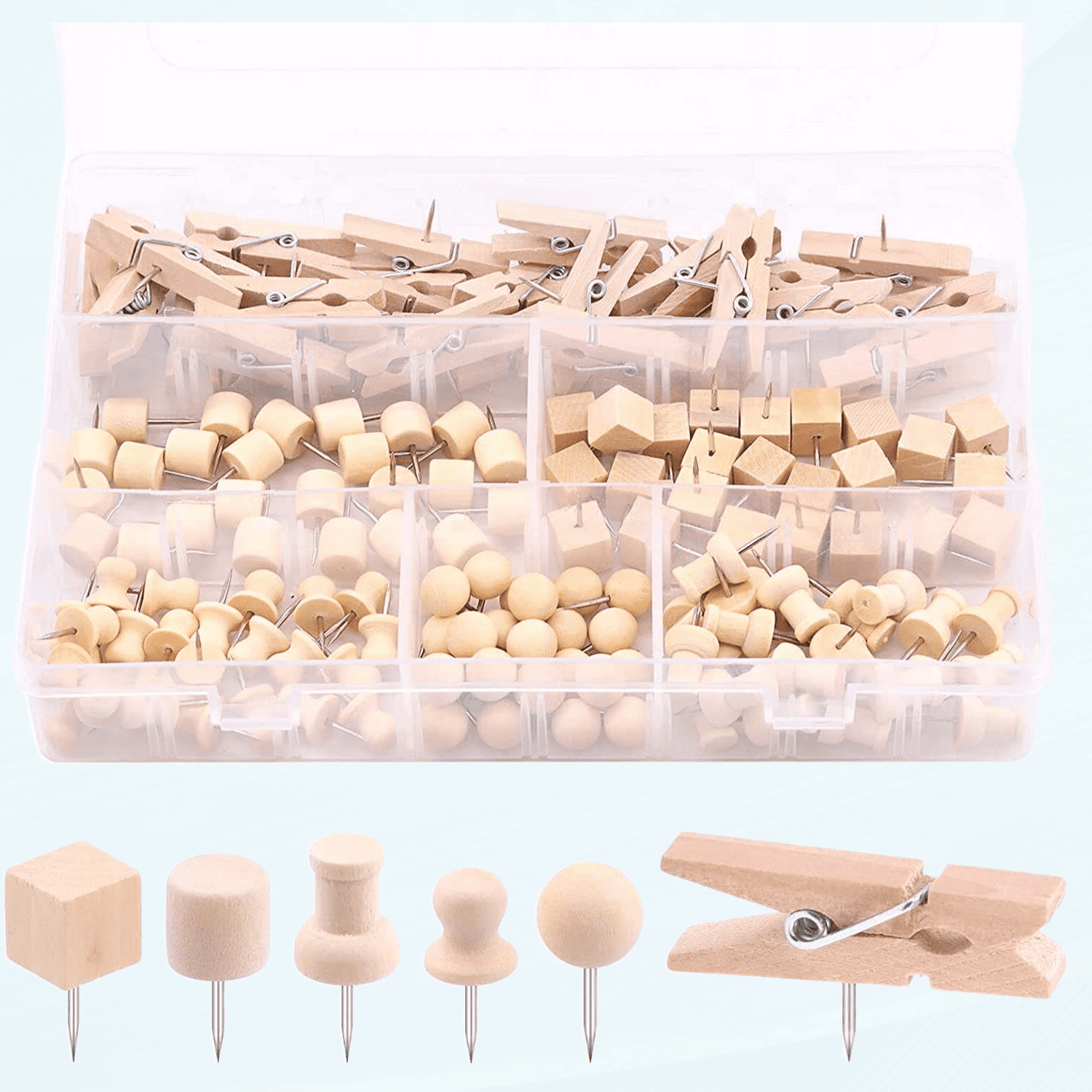 135Pcs 6 Types Wood Push Pins Assortment Kit, Wooden Head Pins Steel ...