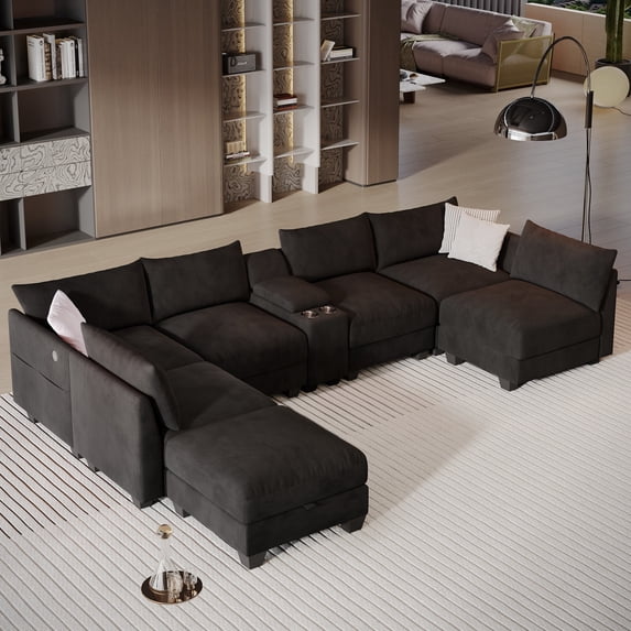 136.4" Modular Sectional Sofa, 7-Seater U&L Shaped Linen Cloud Couch ...