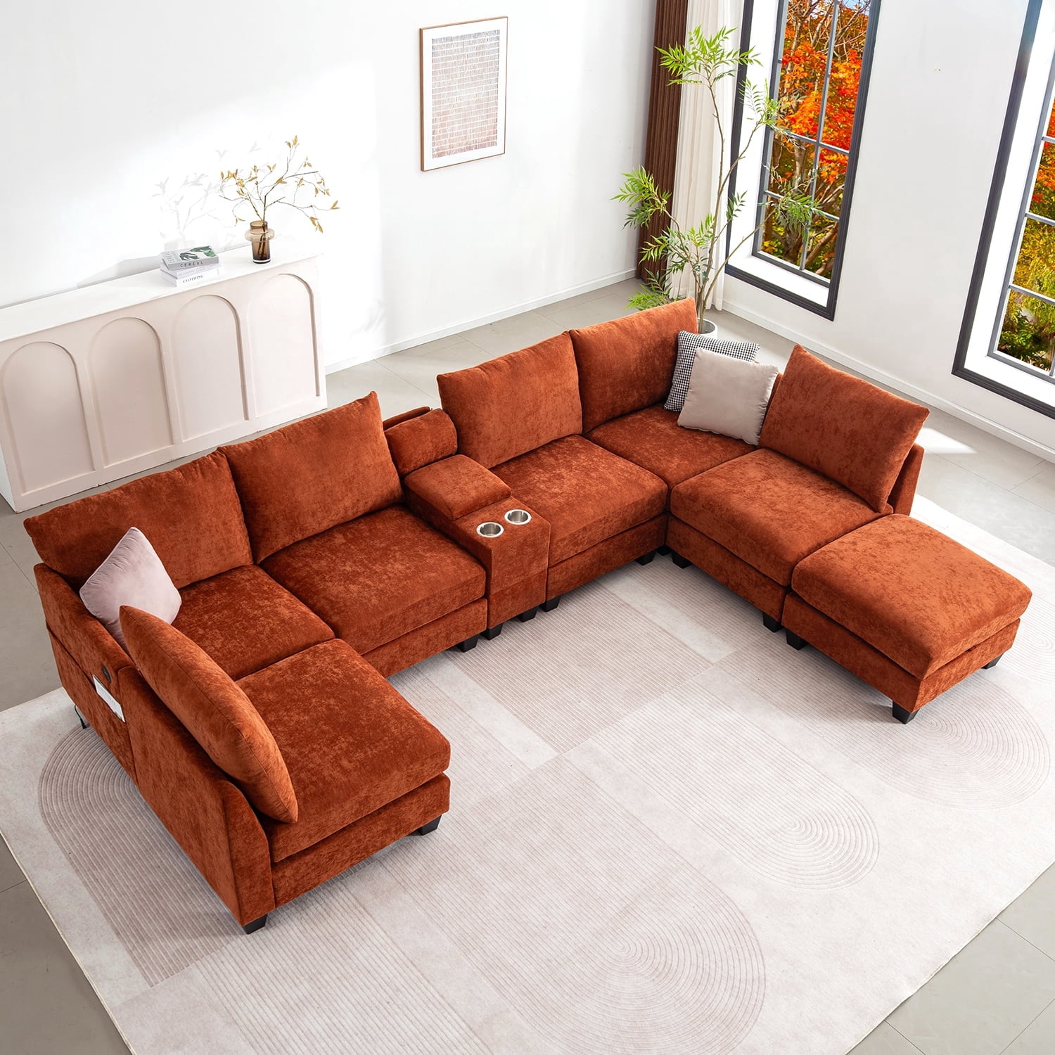136.4" Modular Sectional Sofa, 7-Seater U&L Shaped Linen Cloud Couch ...