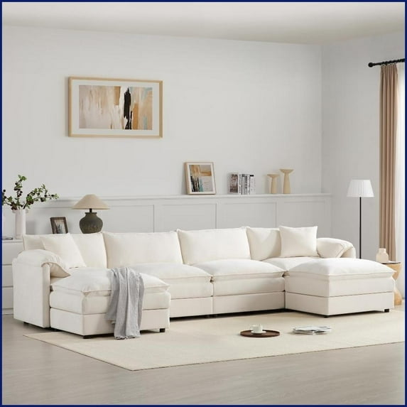 136” Chenille Modular U-Shaped Sectional Sofa | 6-Seat Beige Living ...