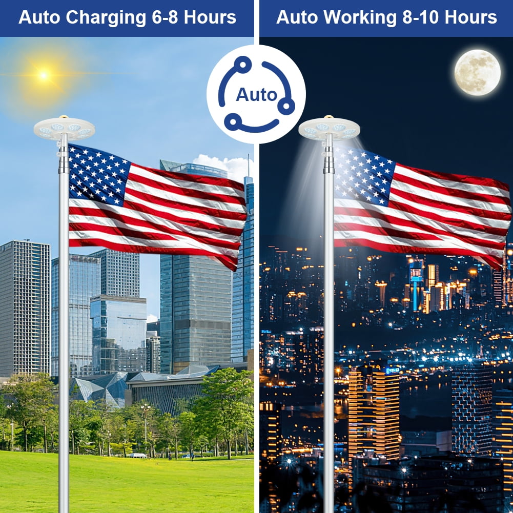 136 LED Solar Powered Flagpole Light, Dusk to Dawn Waterproof Outdoor ...