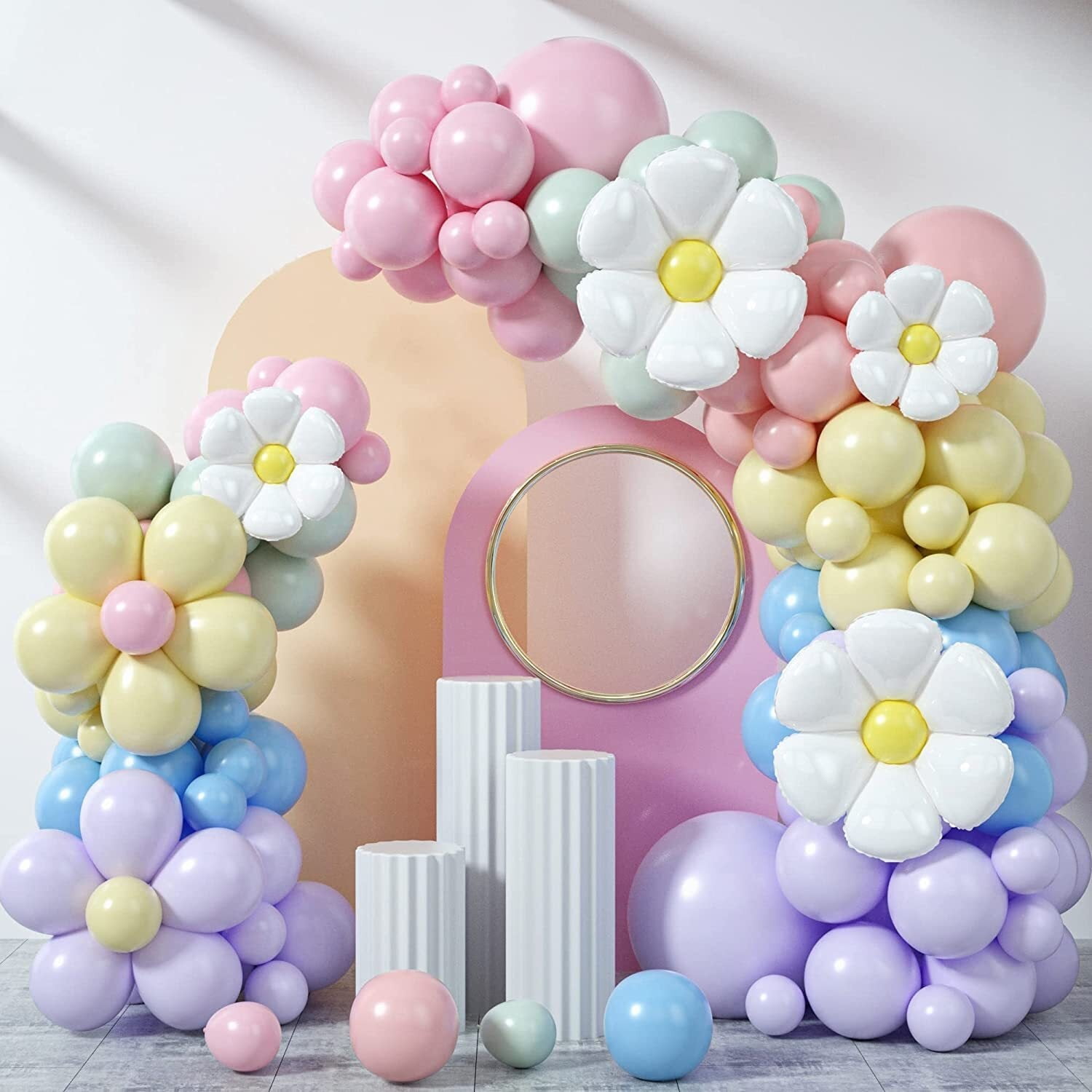 136 Pcs Daisy Balloon Garland Kit - Pastel Rainbow Arch With Flower Foil Balloons, Macaron Latex ...