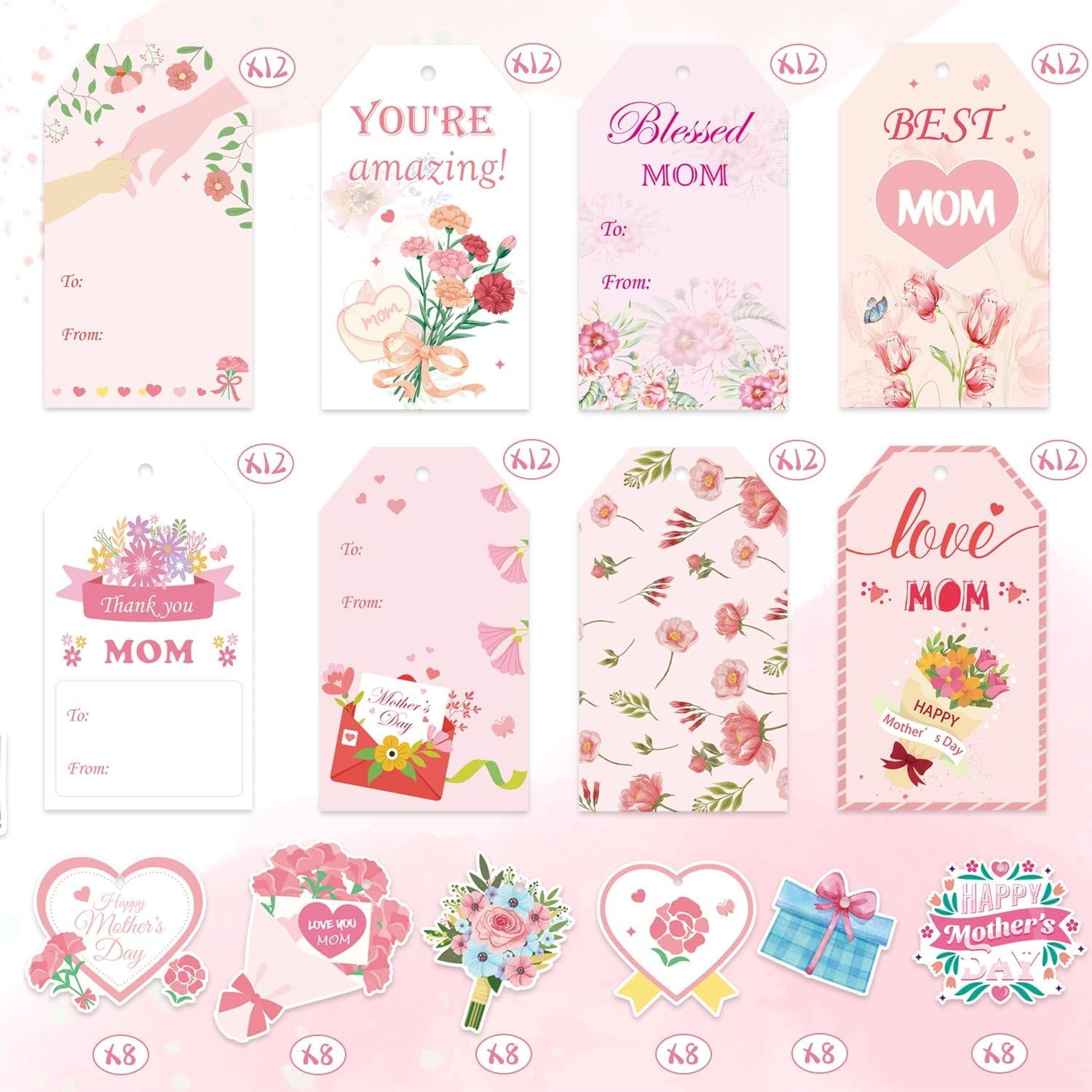 136 Pcs Mother's Day Gift Tags to Mom Pink Gift Bags Tag Happy Mothers ...