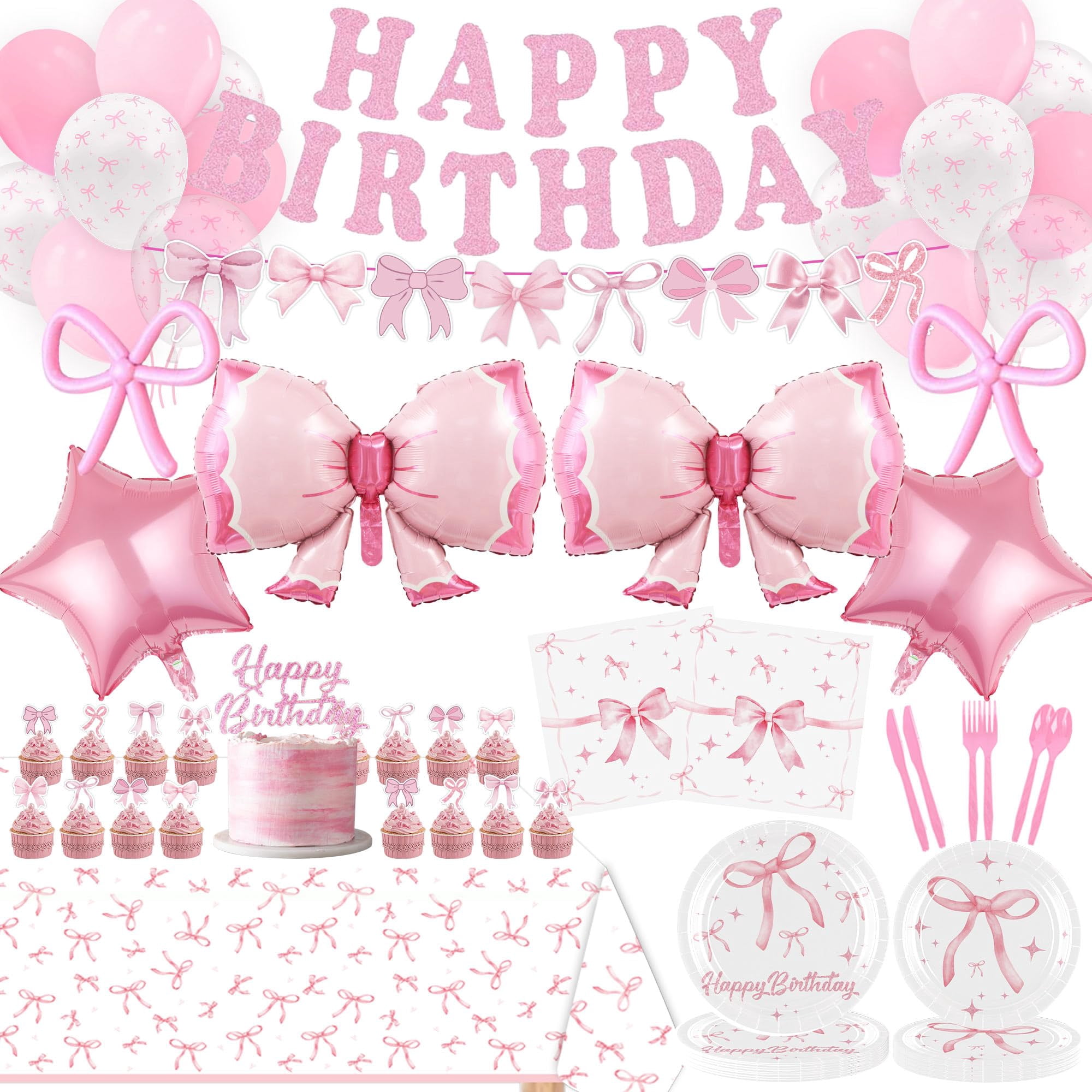 136 Pcs Pink Bow Birthday Decorations, Pink Bow Plates and Napkins, Bow ...