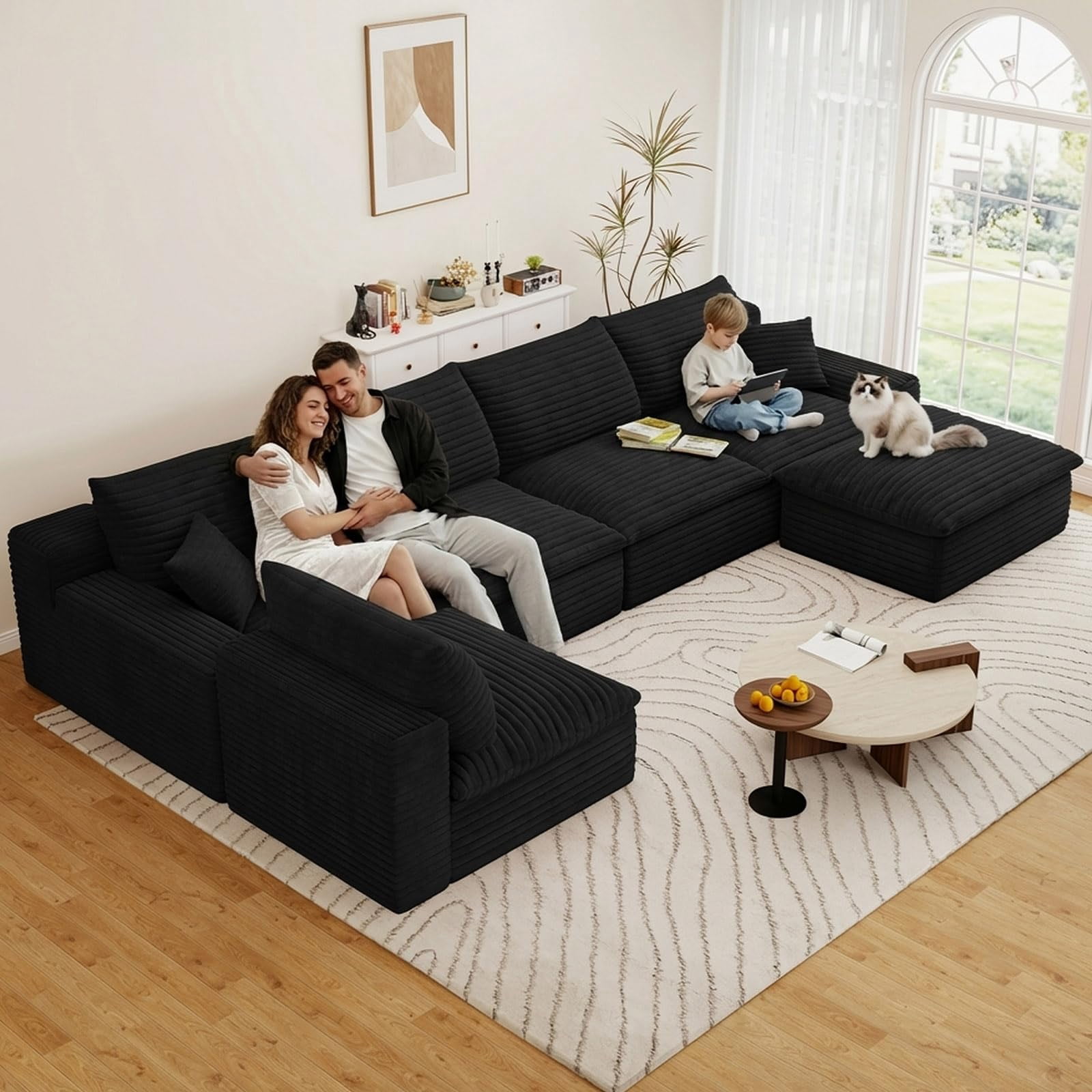 136" U-Shaped Modular Sectional Sofa with Ottoman, Deep Seat Corduroy ...