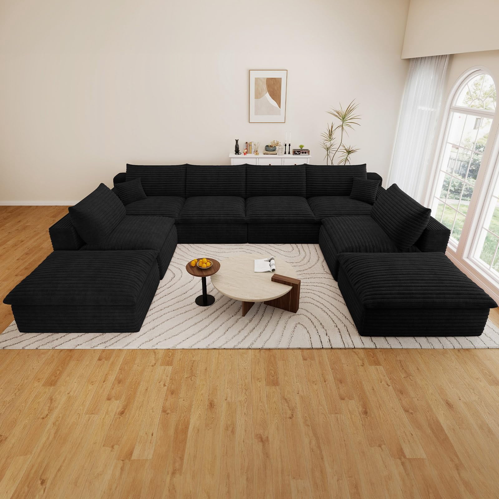 136" U-Shaped Modular Sectional Sofa with Ottomans, Deep Seat Corduroy ...