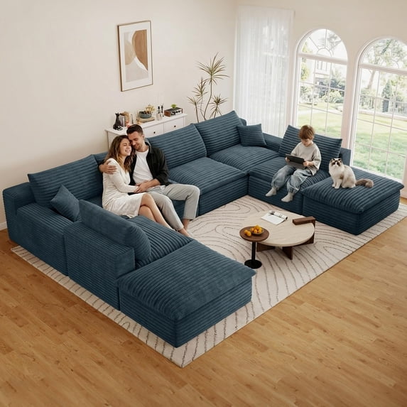136" U-Shaped Modular Sectional Sofa with Ottomans, Deep Seat Corduroy ...