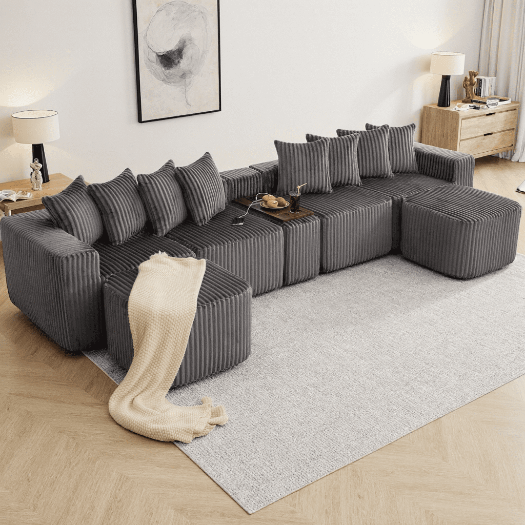 137.5" U-Shaped Modular Sofa with USB & Wireless Charging, Movable ...