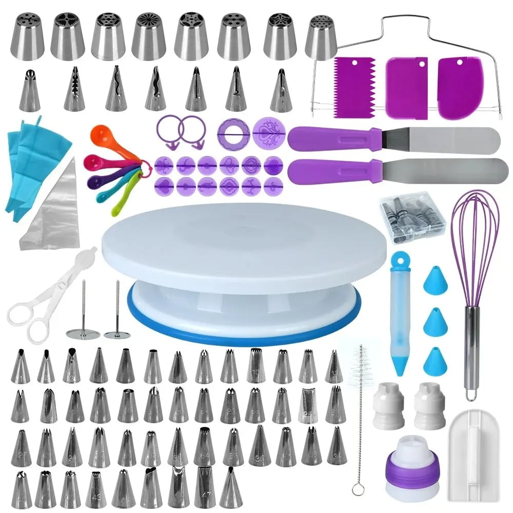 Ink Craft 137-Piece Icing Decorating Tips and Turntable Kit with Piping Nozzles, Bags, and ...