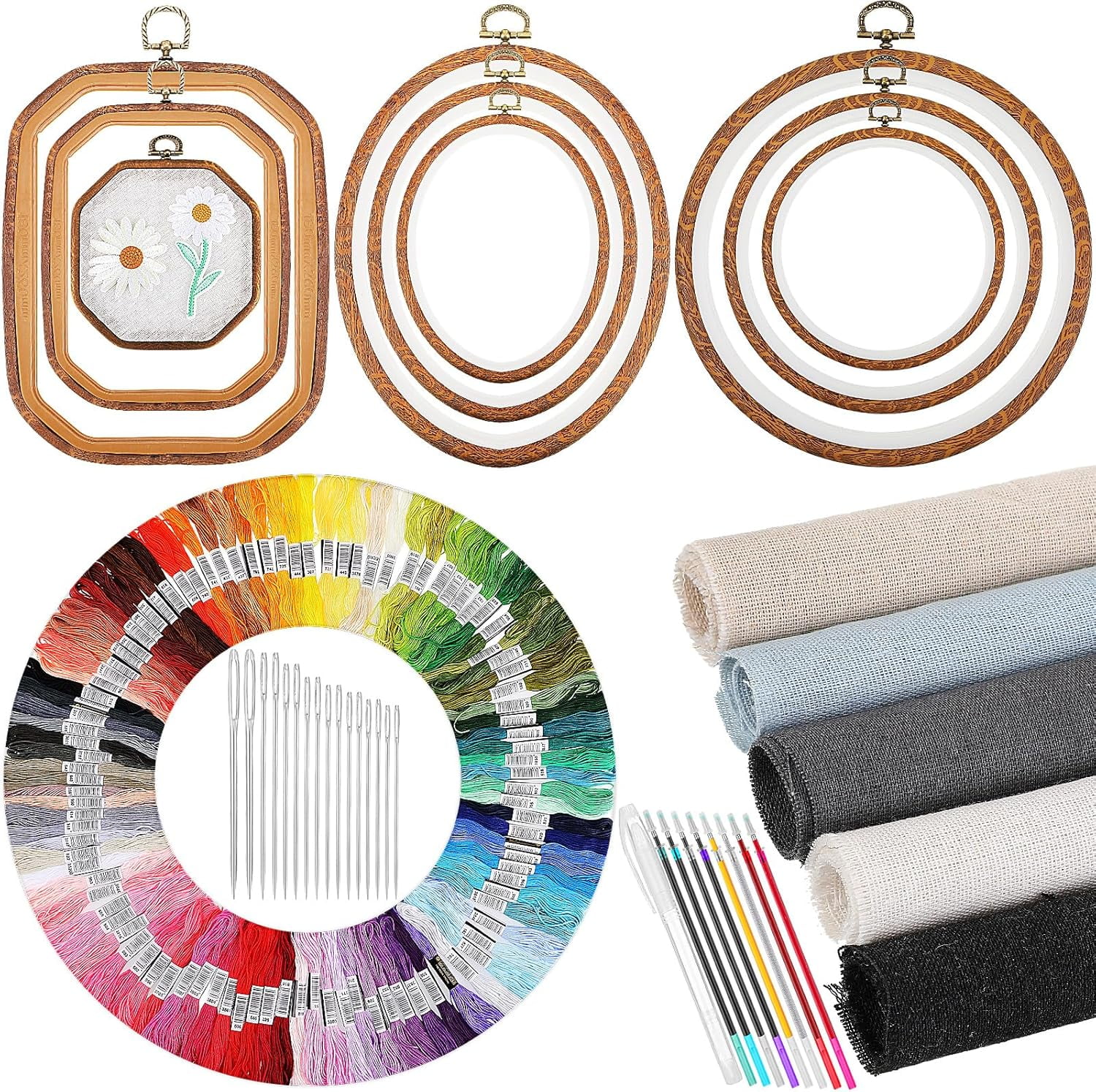 138 Pcs Embroidery Kit 9 Embroidery Hoop Frame 5 Colors Fabric 8 Colors ...
