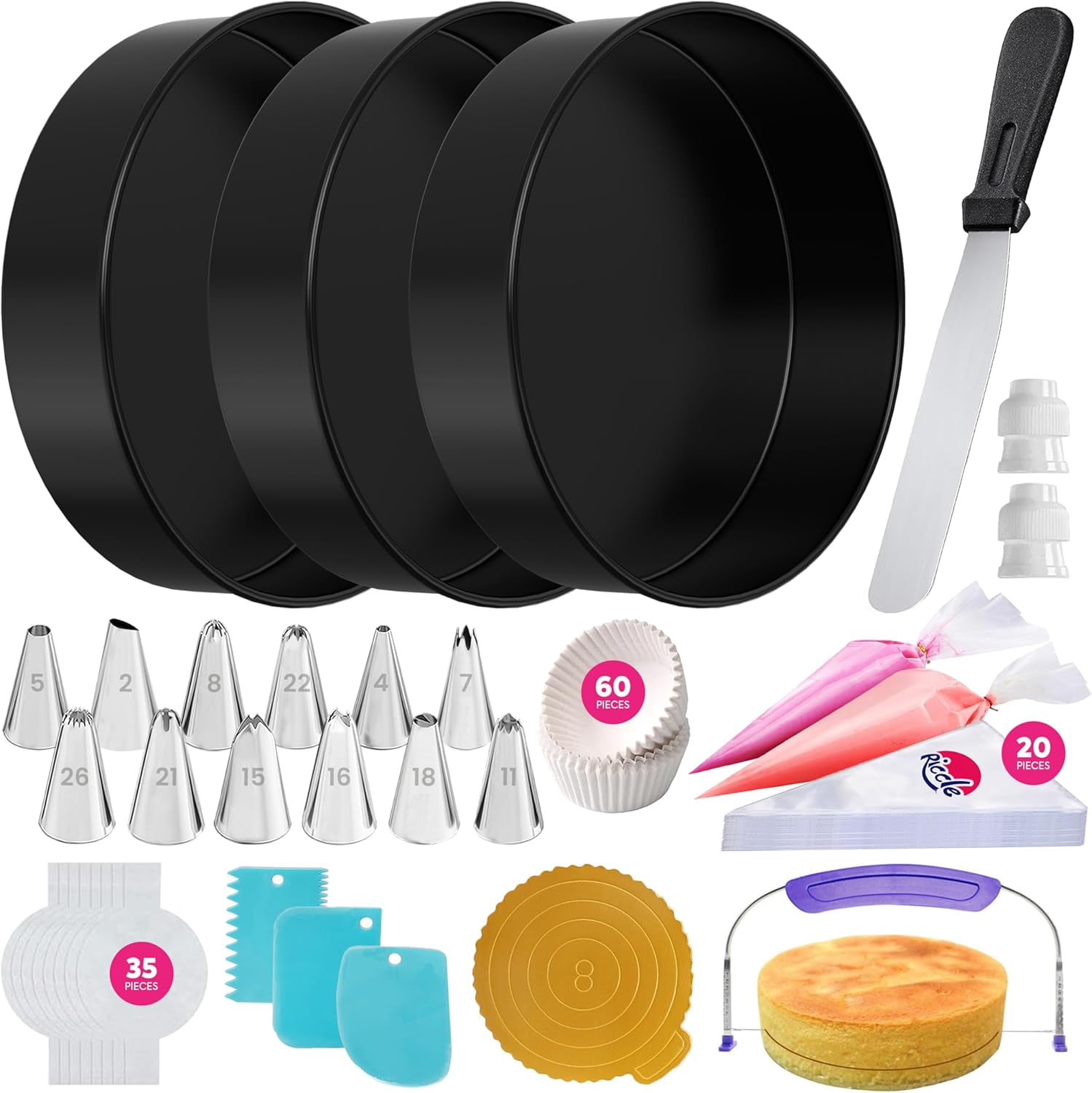 138PCs Round Cake Pans Sets for Baking, 3 x 8 Inch Pan Set, Piping Bags ...