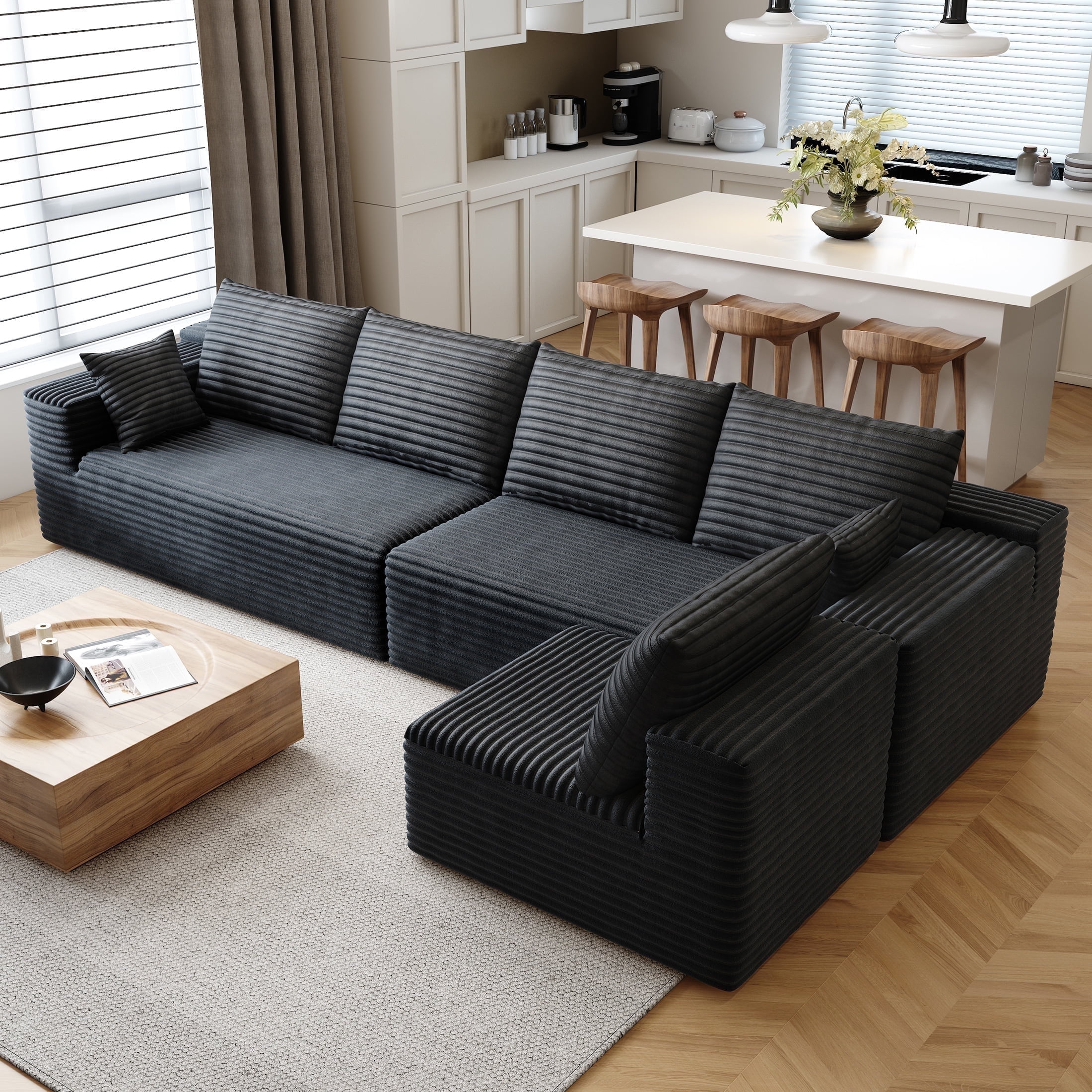 139.4" L Shaped Cloud Sectional Sofa for Living Room Plush Corduroy Cover Fluffy Memory Foam ...