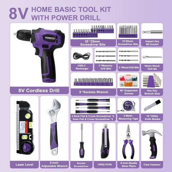 139 PCS Cordless Drill Set with Li-Ion Battery, 8V Power Drill with ...