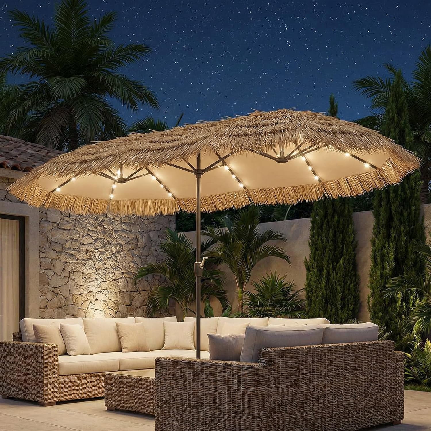 13FT Large Patio Umbrella with Solar Lights, Outdoor Double-Sided Tiki ...