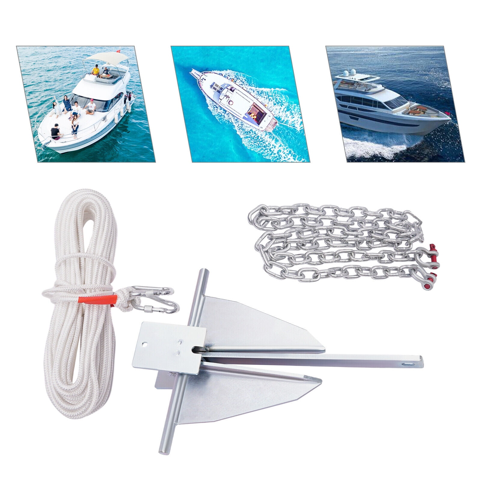 13LBS Boat Anchor with 5/16" 8ft Galvanized Steel Chain + 3/8" 100ft ...