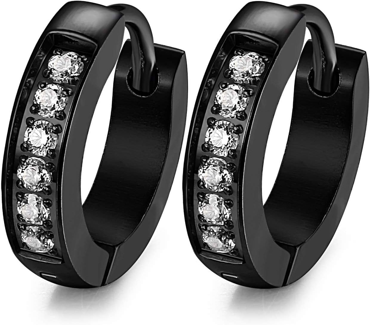 13MM Stainless Steel Small Hoop Earrings for Men Women CZ Inlaid,Black ...