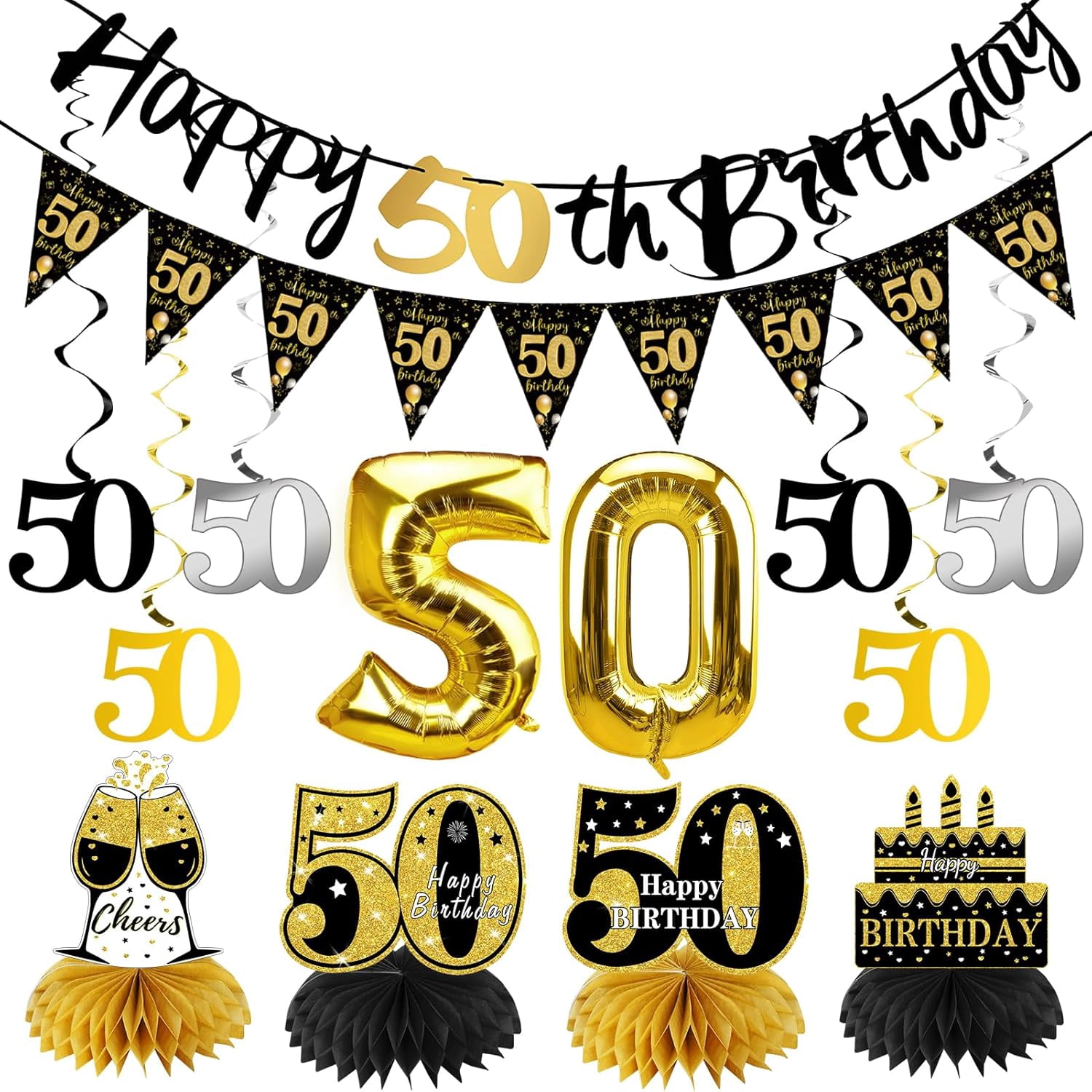 13PCS 50th Birthday Decorations for Men Women, Black Gold Happy 50 ...