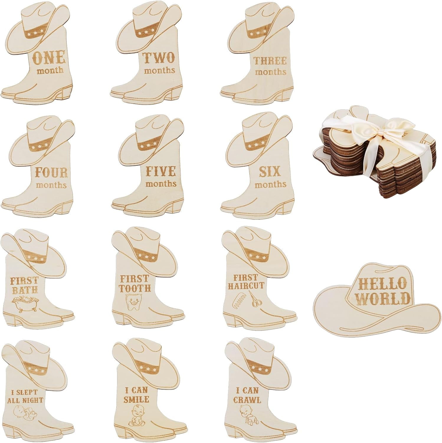 13PCS Cowboy Wooden Baby Monthly Photo Cards, Hello World Wooden Photo Booth Props, Newborn Baby ...