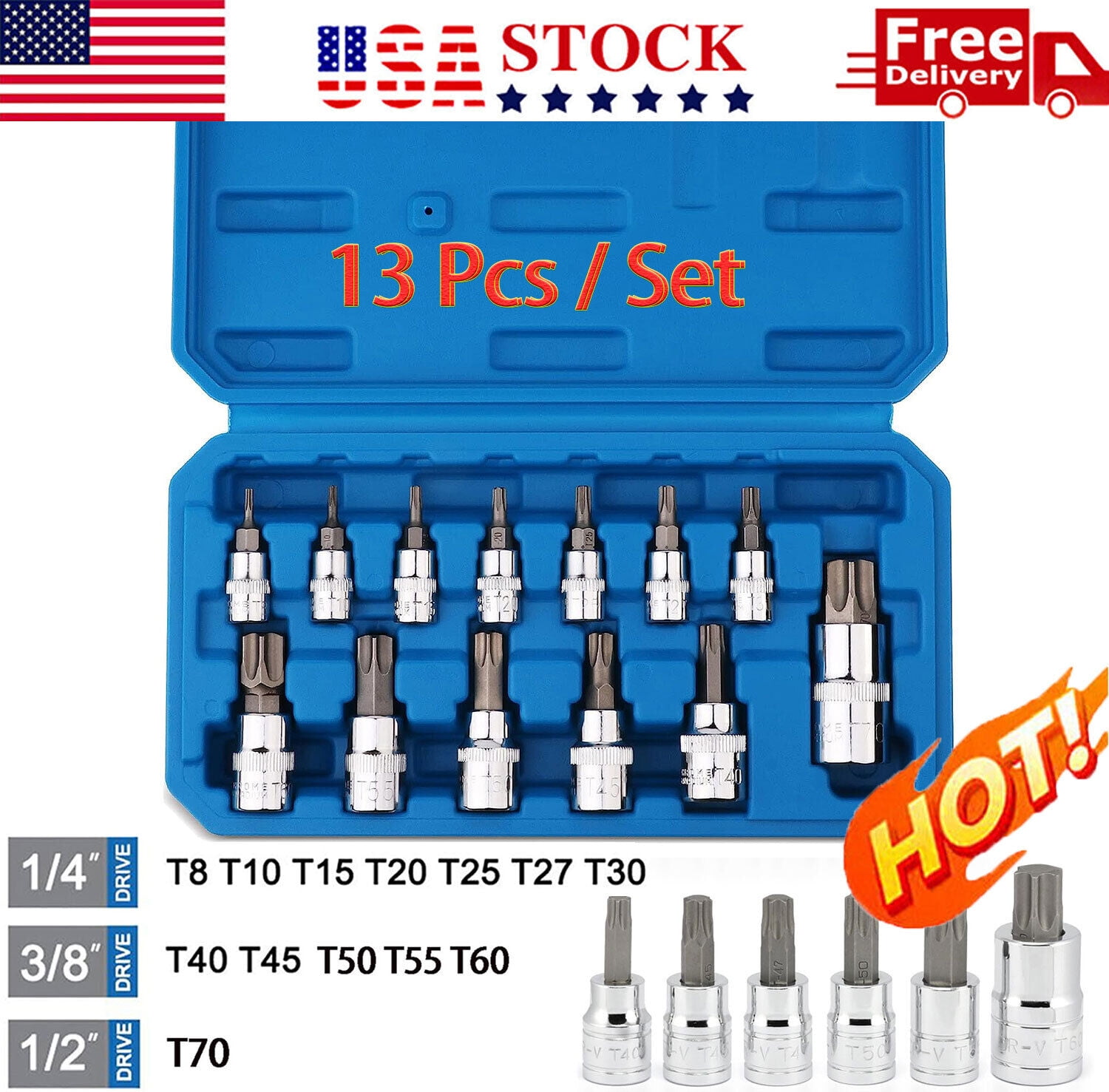 13PCS Hex Bit Socket Set, 1/4", 3/8" and 1/2" Drive, SAE And Metric ...