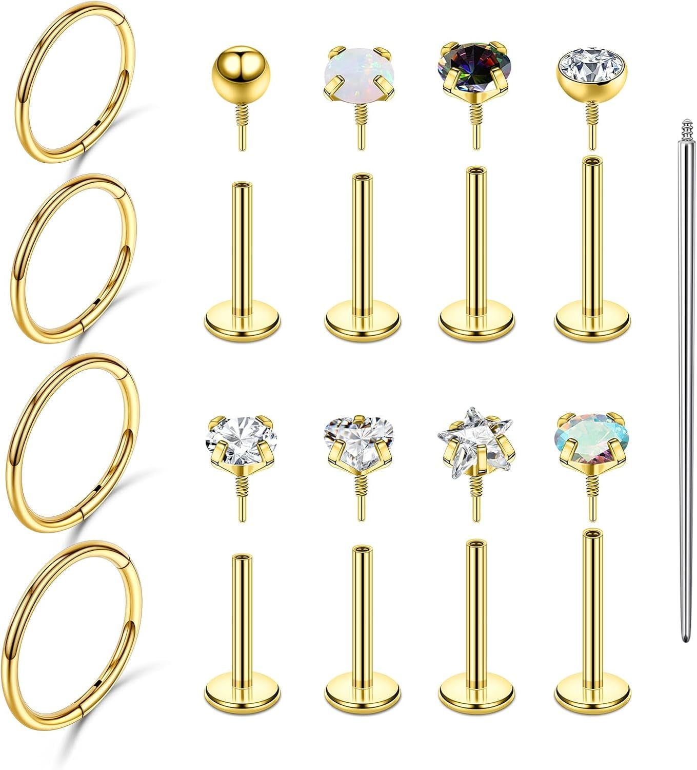 13PCS Quality Flat Back Studs Nose Earrings 18G 16G Threadless Hoops ...