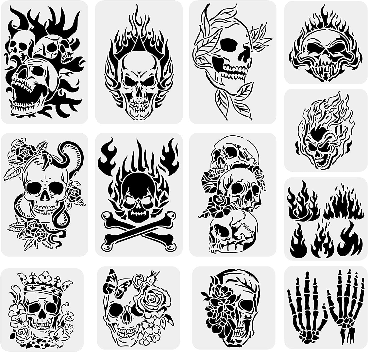 13PCS Skull Pattern Drawing Stencils Skull Flame Scary Skeleton ...