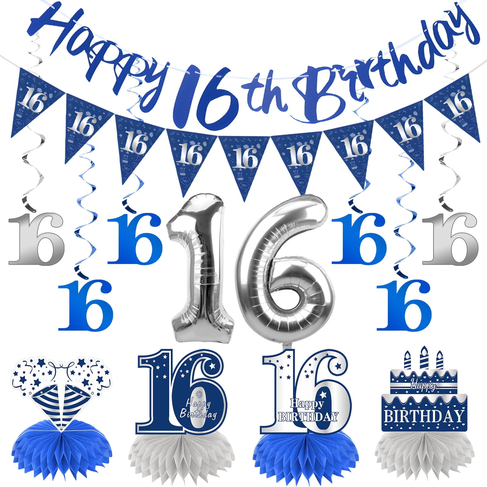 13PCS Sweet 16 Party RRF12 Decorations for Boys Blue Silver Happy 16th Birthday Banner ...