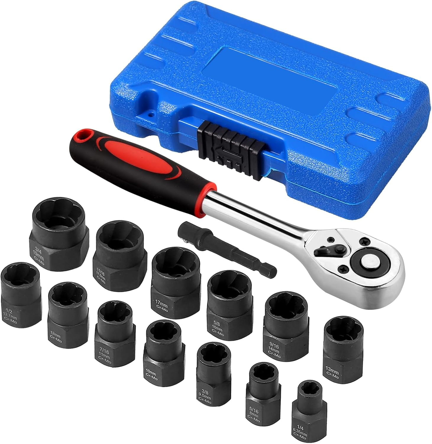 13Pcs 3/8" Bolt Extractor Socket Set with Ratchet Wrench and Connecting ...