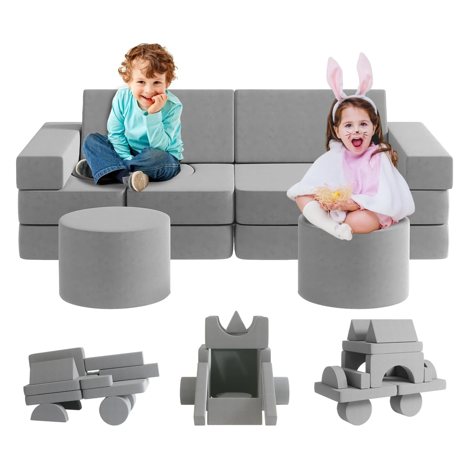 Wanan 13Pcs Modular Kids Couch, Fold Out Playroom Sofa, Climbing Blocks ...