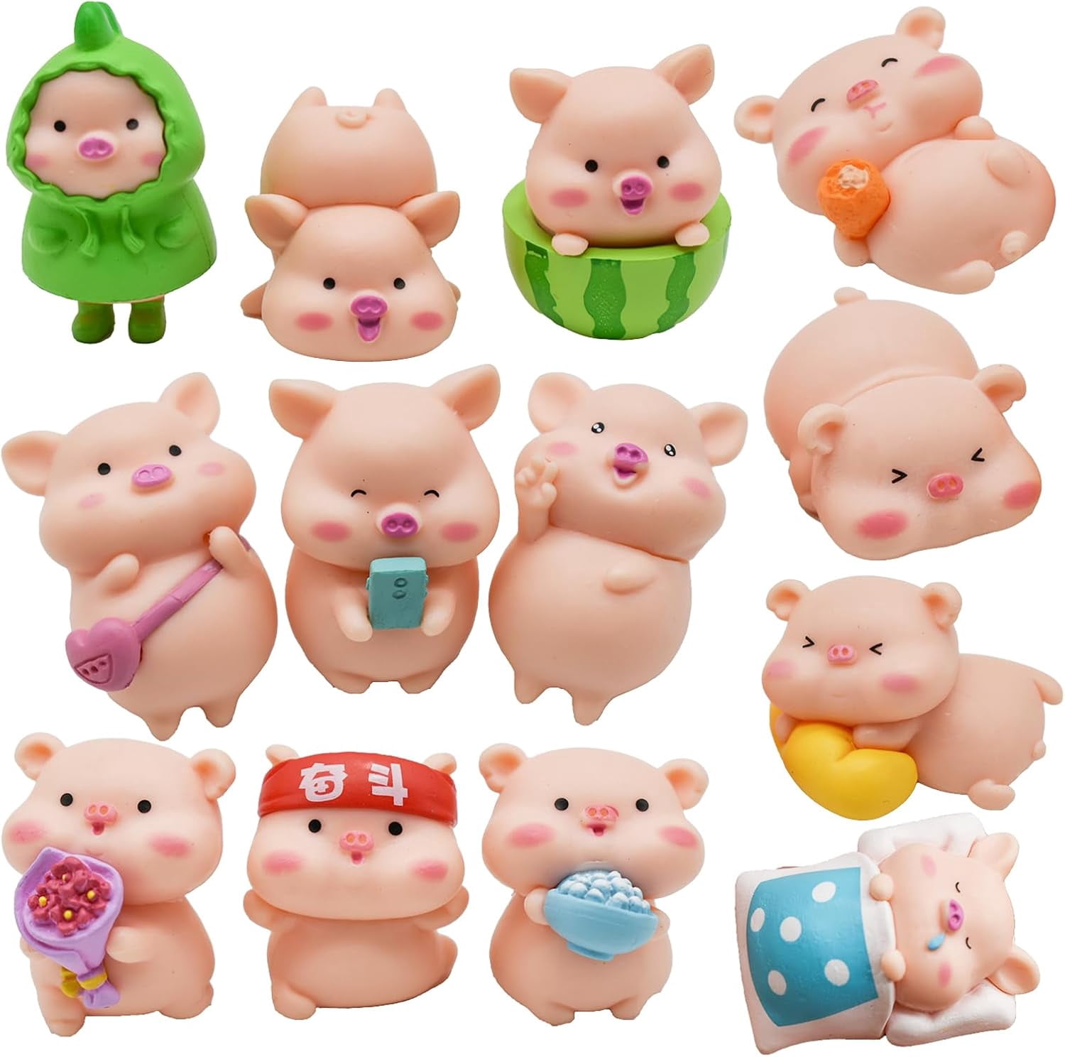 13Pcs Miniature Piggy Figurines Mini Pink Pig Figure Cartoon Resin ...