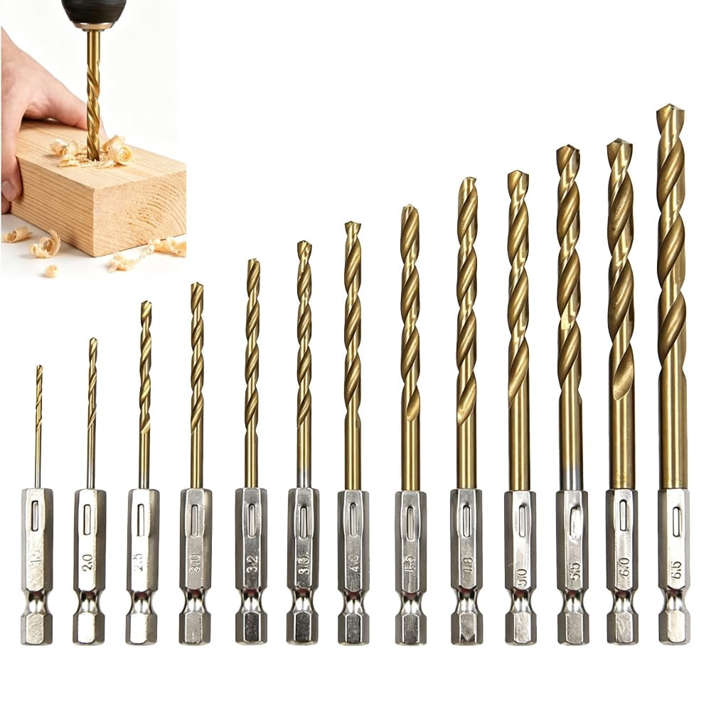 13Pcs Titanium Coated Twist Drill Bit Set 1.5-6.5mm 1/4 Hex Shank for ...