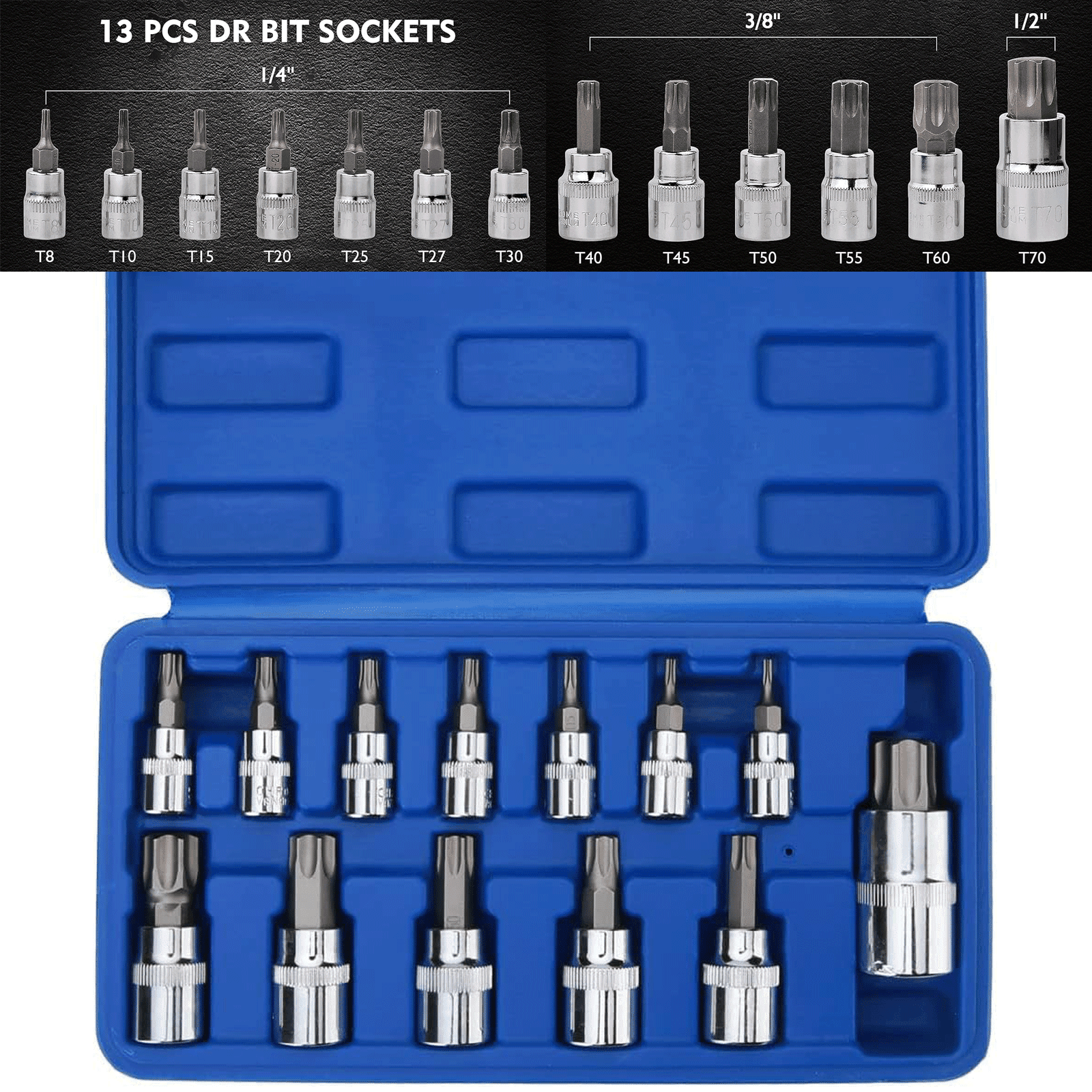 13Pcs Torx Bit Socket Set T8-T70 CRV Star Sockets 1/4-inch, 3/8-inch & 1/2-inch Drive For Hand ...