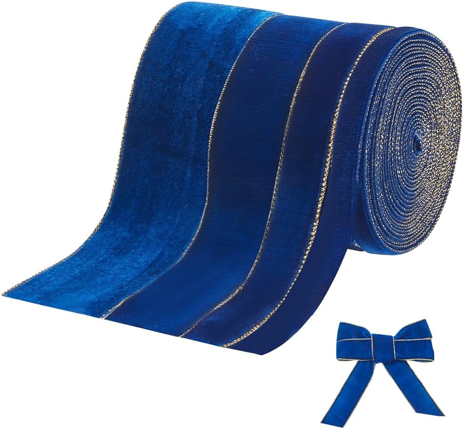 13Yards 4 Sizes Velvet Wired Ribbons with Gold Wired Edge Royal Blue ...