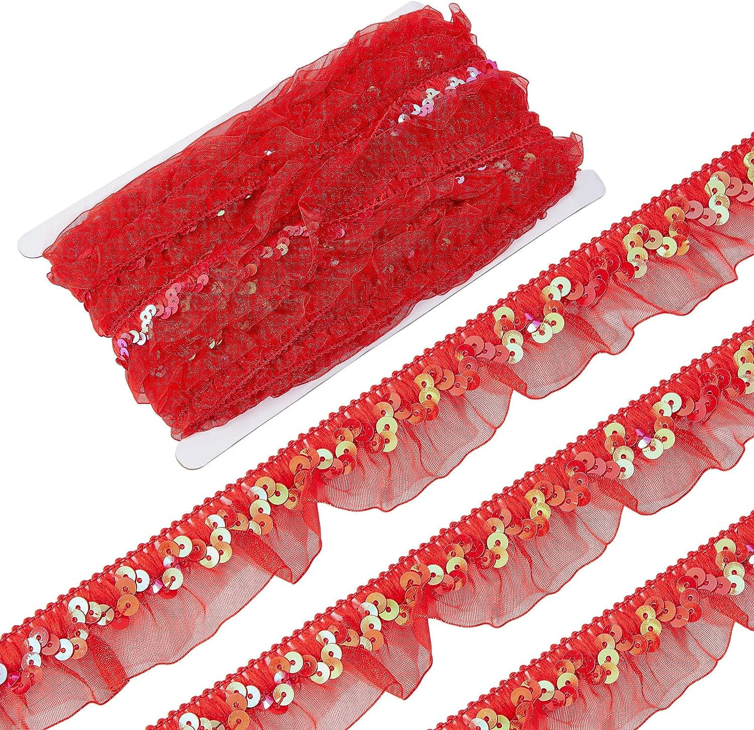 13Yds Pleated Organza Lace Ribbon Red Satin Mesh Tulle Fabric Gathered ...