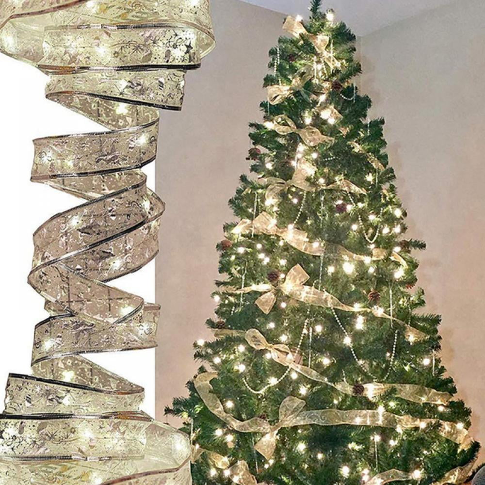 13ft 40 LED Christmas Tree String Lights Organza Ribbon White & Silver ...