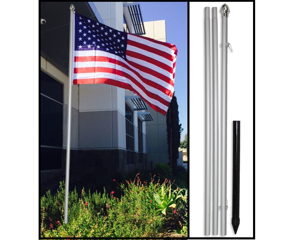 13ft Aluminum Outdoor Flag Pole KIT Ground Spike Flagpole (w/ 3x5 USA ...