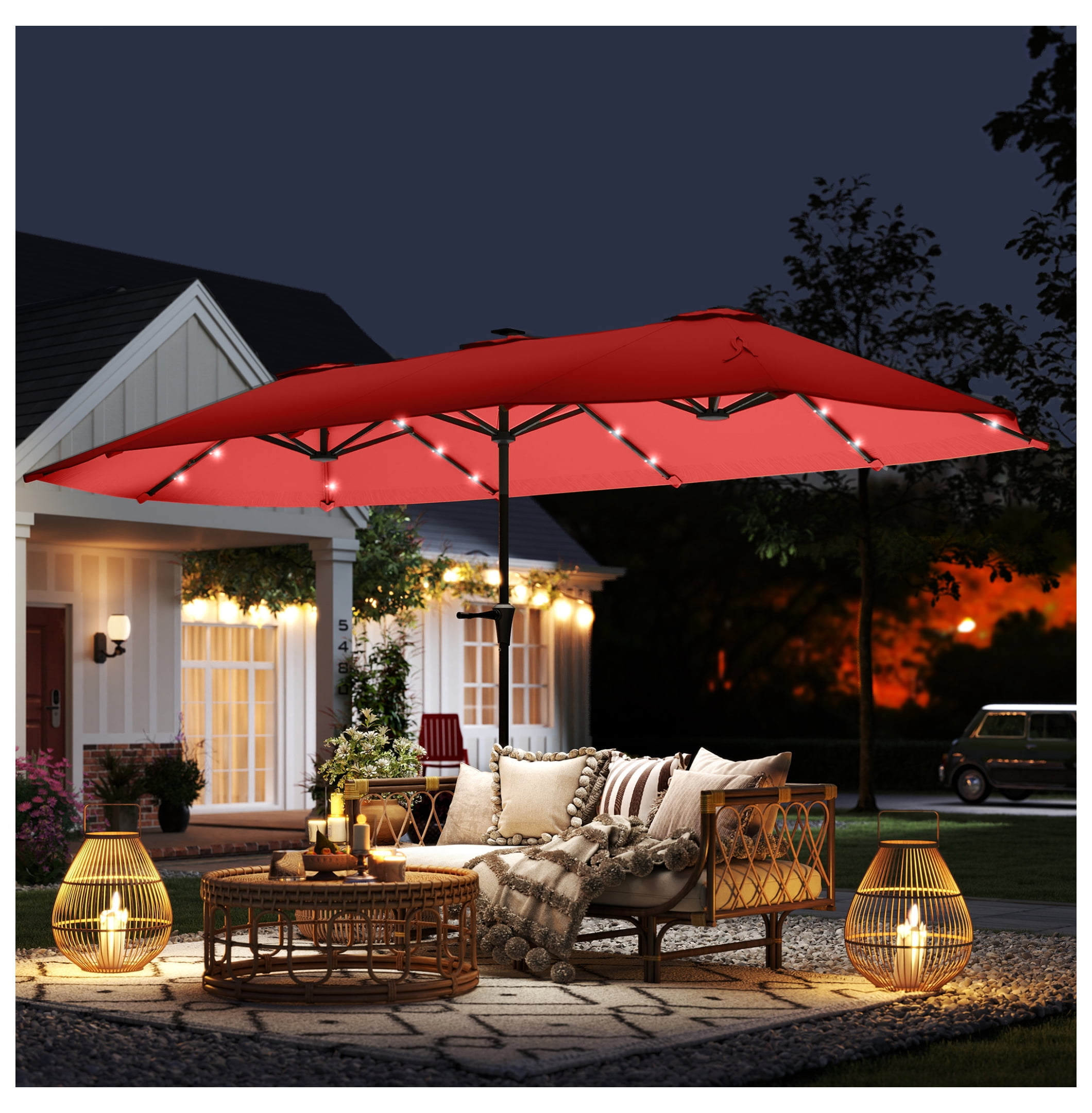 13ft Double-Sided Market Umbrella, Solar Lights, Patio Umbrella Crank ...