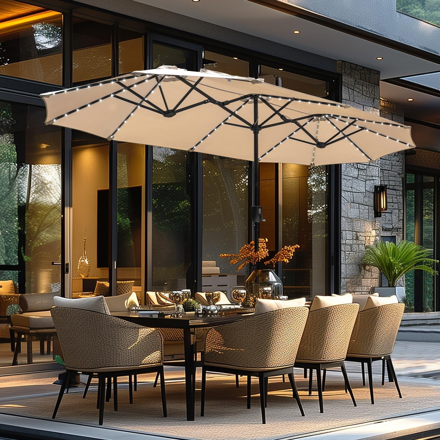 13ft Outdoor Patio Umbrella with Solar Lights, 120 LED 12-Mode Large ...