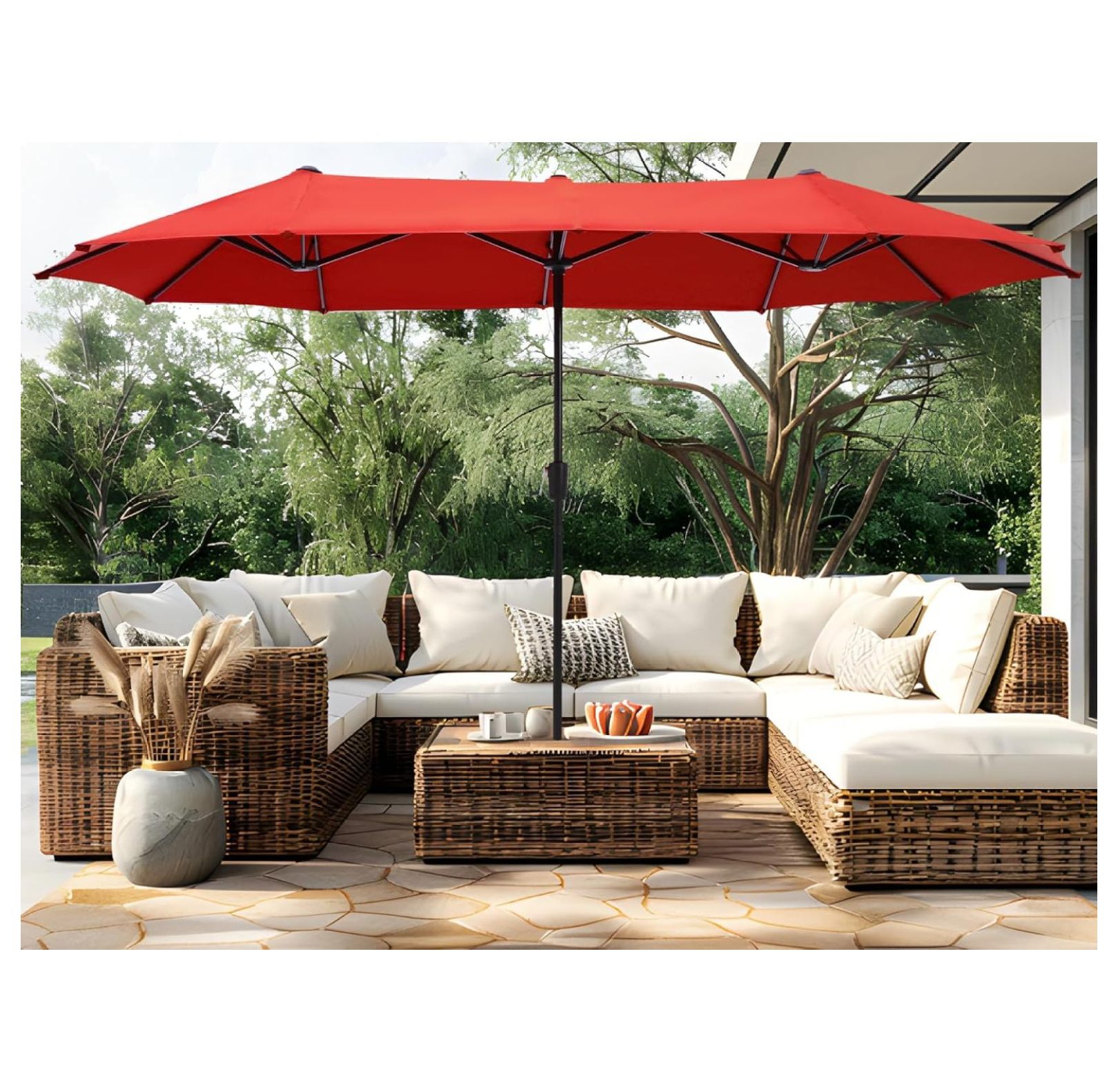 13ft Outdoor Umbrella Double-Sided Twin Large Patio Umbrella with Crank ...