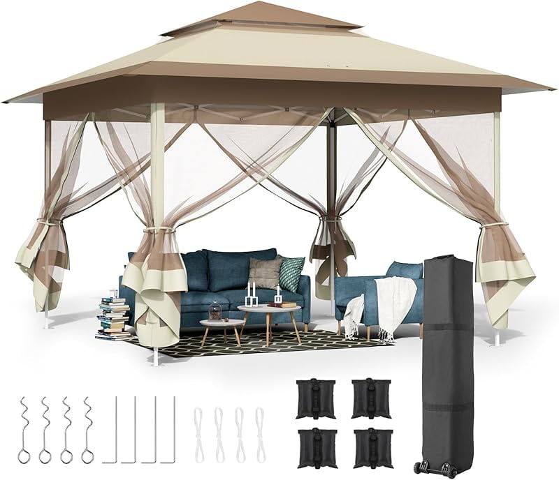 13ft Pop Up Gazebo, Outdoor Instant Canopy Tent w/4 Netting Sidewall ...