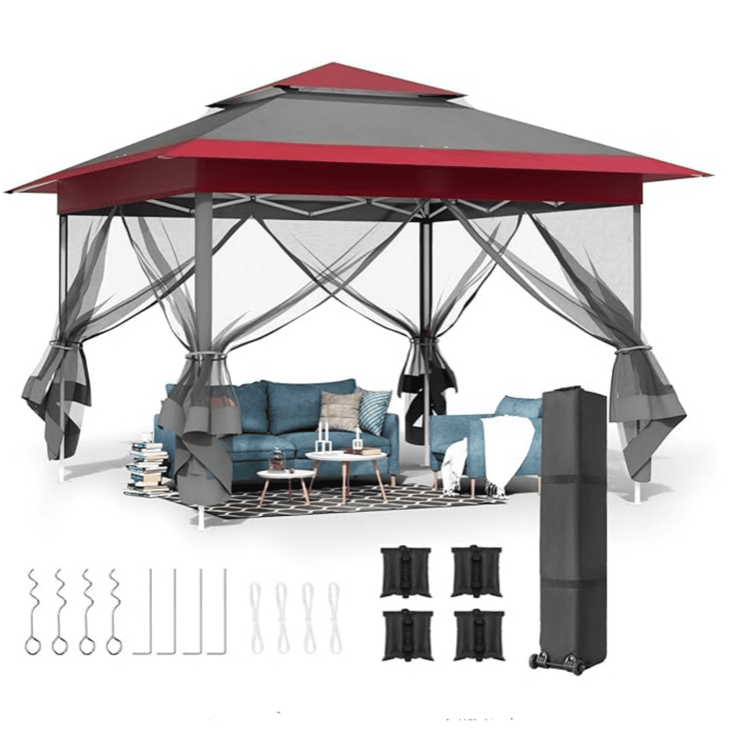 13ft Pop Up Gazebo, Outdoor Instant Tent w/4 Netting Sidewall & Auto ...