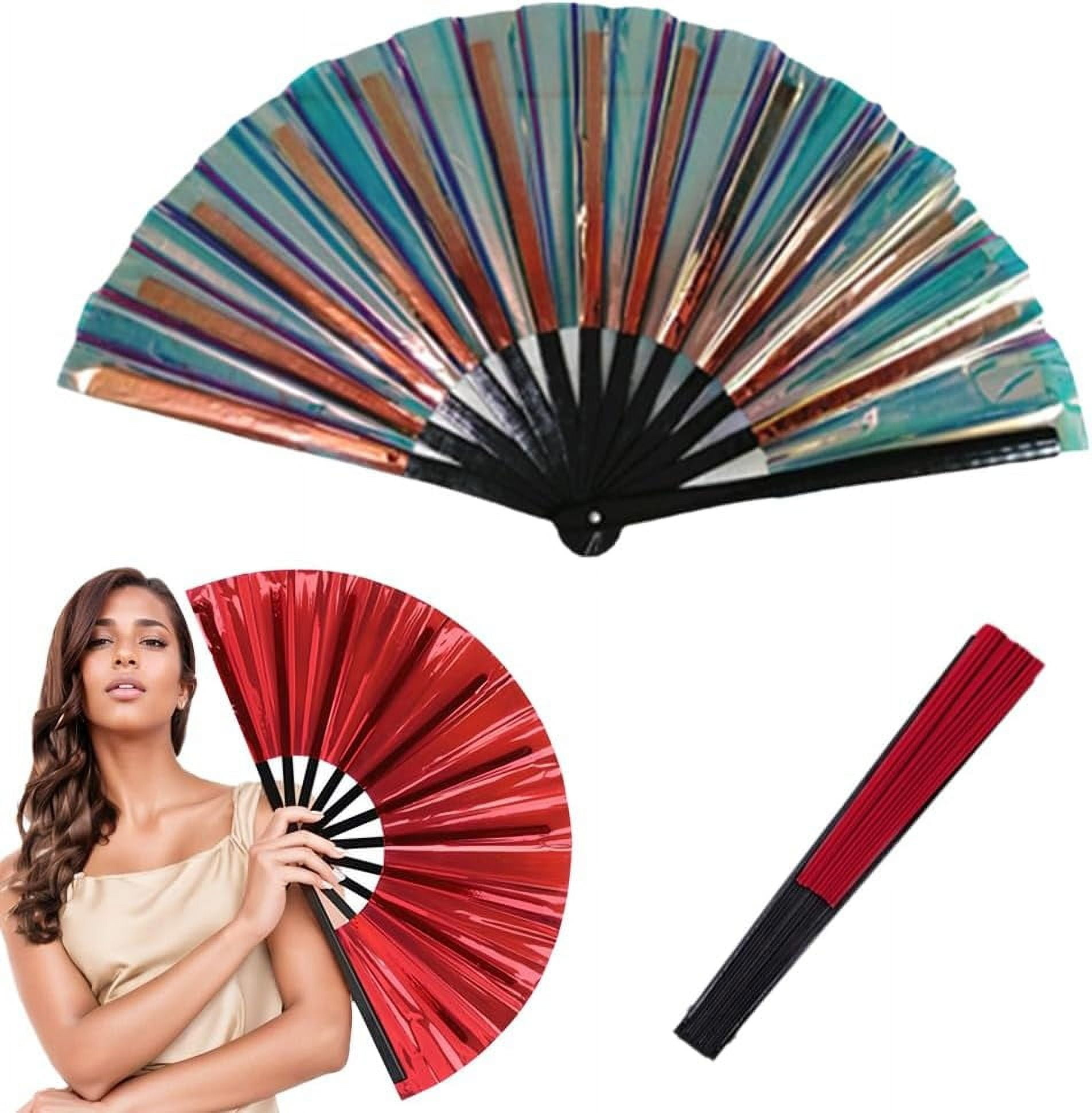 13in Large Folding Hand Rave Fan Nylon Cloth Foldable Holographic Hand ...