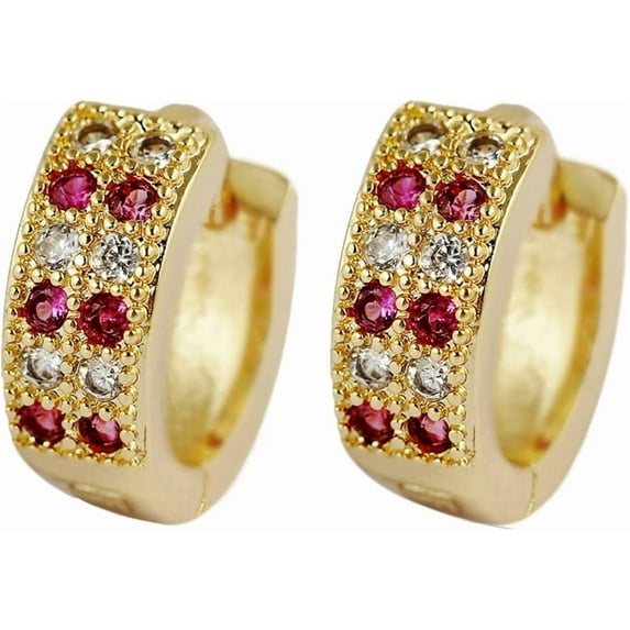 13mm Double Line Hoop 2ct Lab Created Princess Cut Pink Ruby Silver Earrings 14K Yellow Gold ...