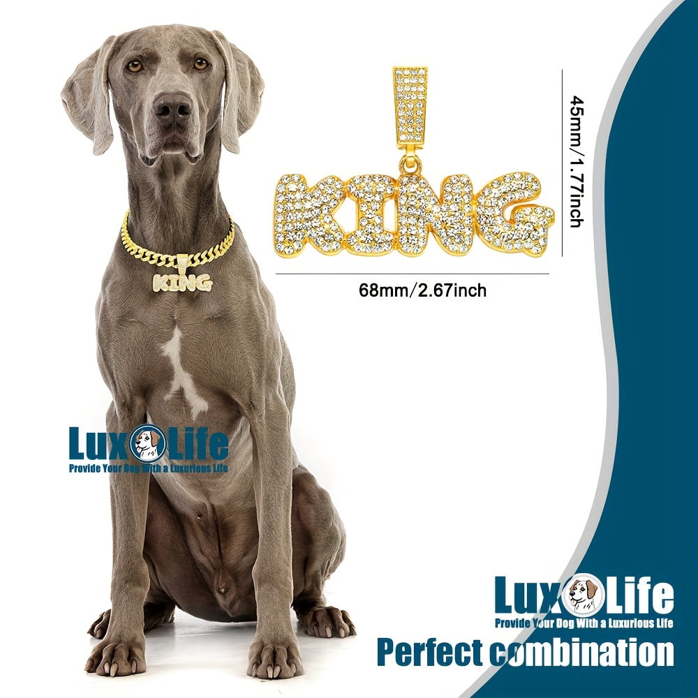 13mm Wide Cuban Link Dog Chain Collar Necklace with "KING" Pendant for ...