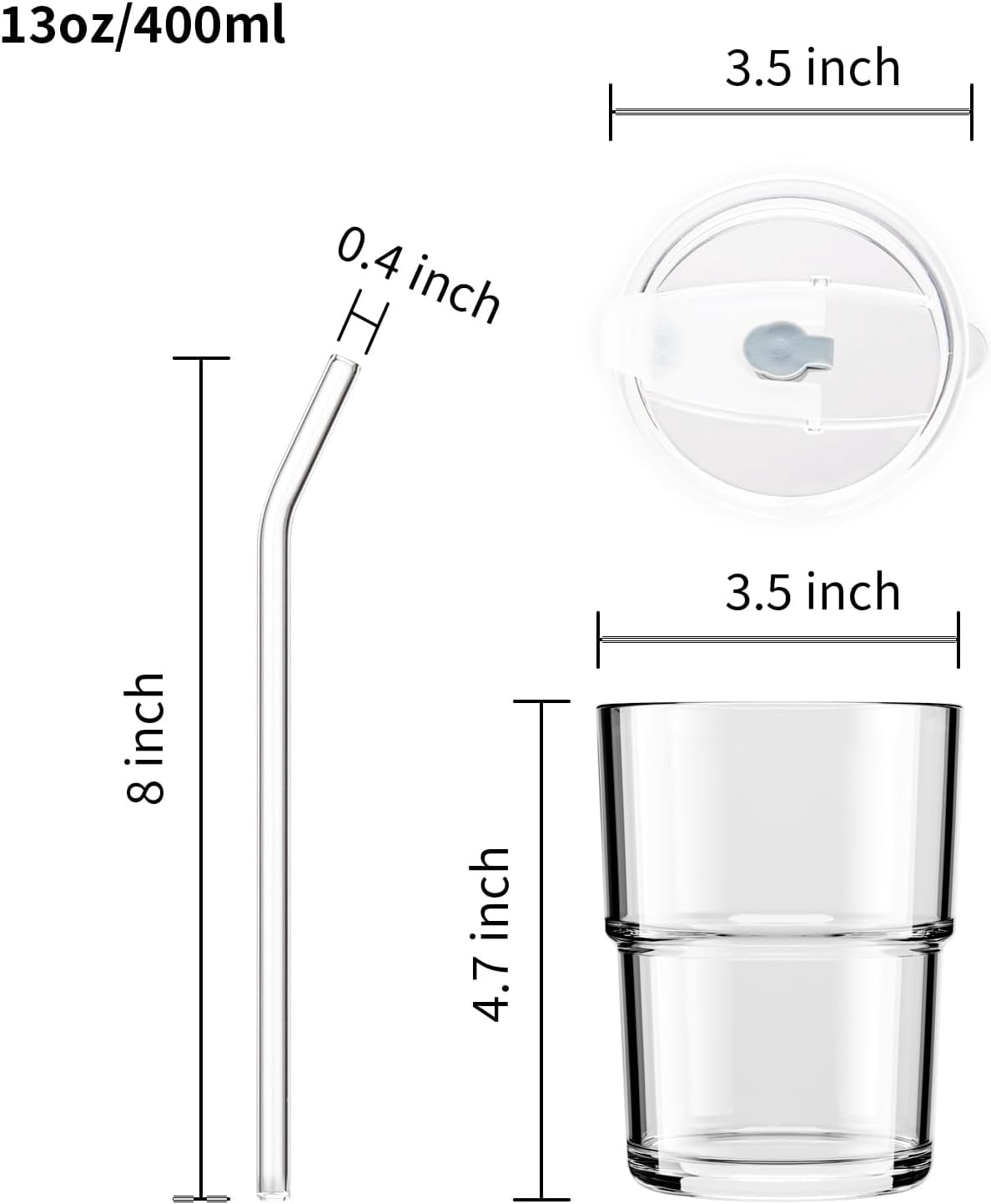 13oz/400ml Glass Water Cup, Sealed Cup with Straw and Lid, Take it on ...