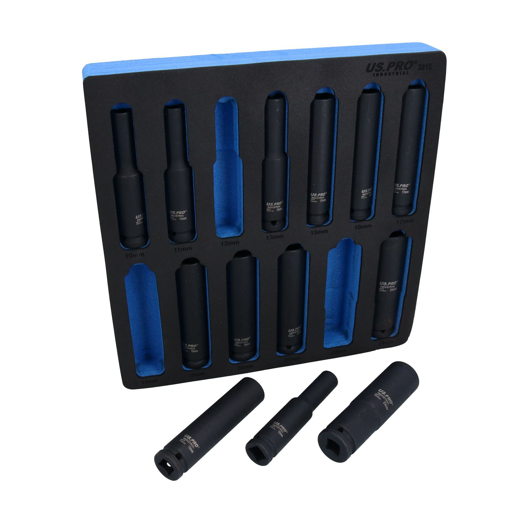 13pc Metric Extra Deep Long Metric Impact Socket 1/2" Drive 6 Sided 10 ...