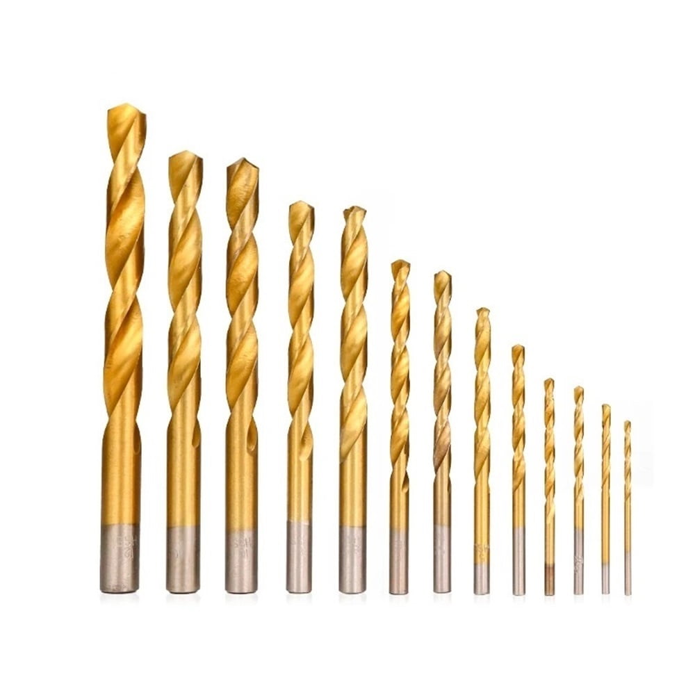 13pcs 2-12mm Titanium Coated HSS Twist Drill Bit Set Round Shank Gun ...