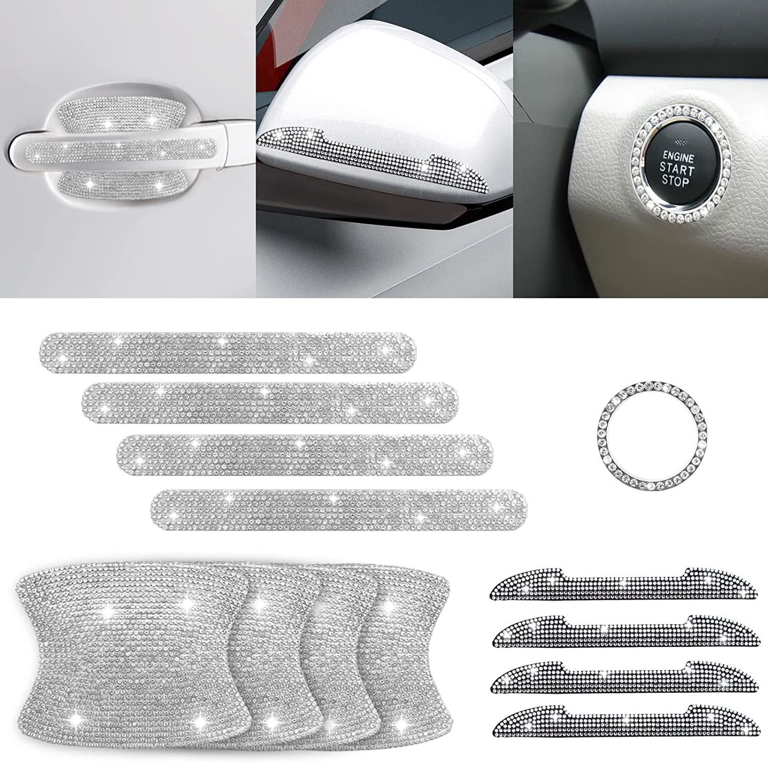 13pcs Bling Car Door Handle Scratch Protector, White Reflective Trim ...