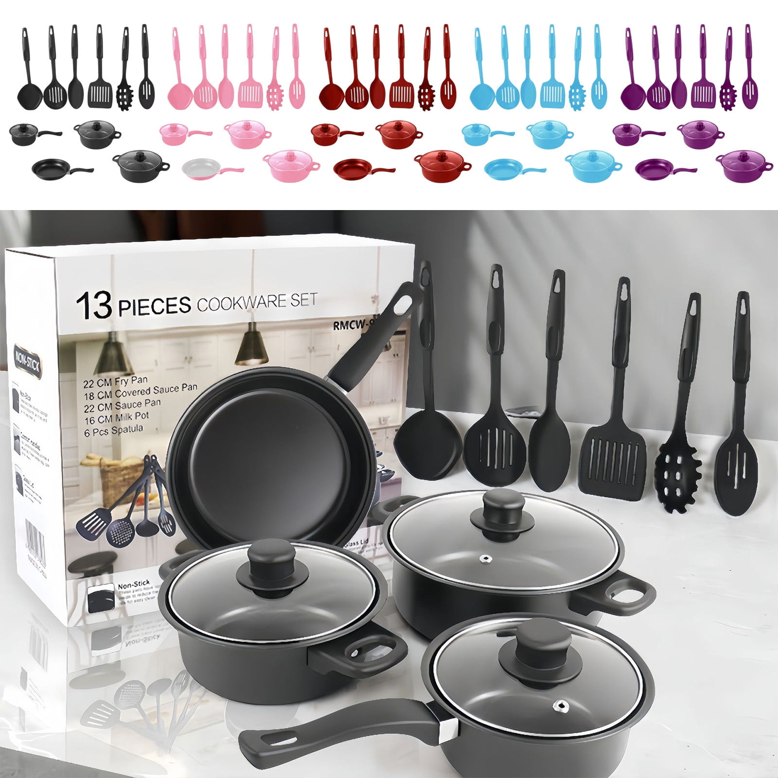 13pcs Non-Stick Cookware Set - Maifan Stone Coating Soup Pot, Milk Pan ...