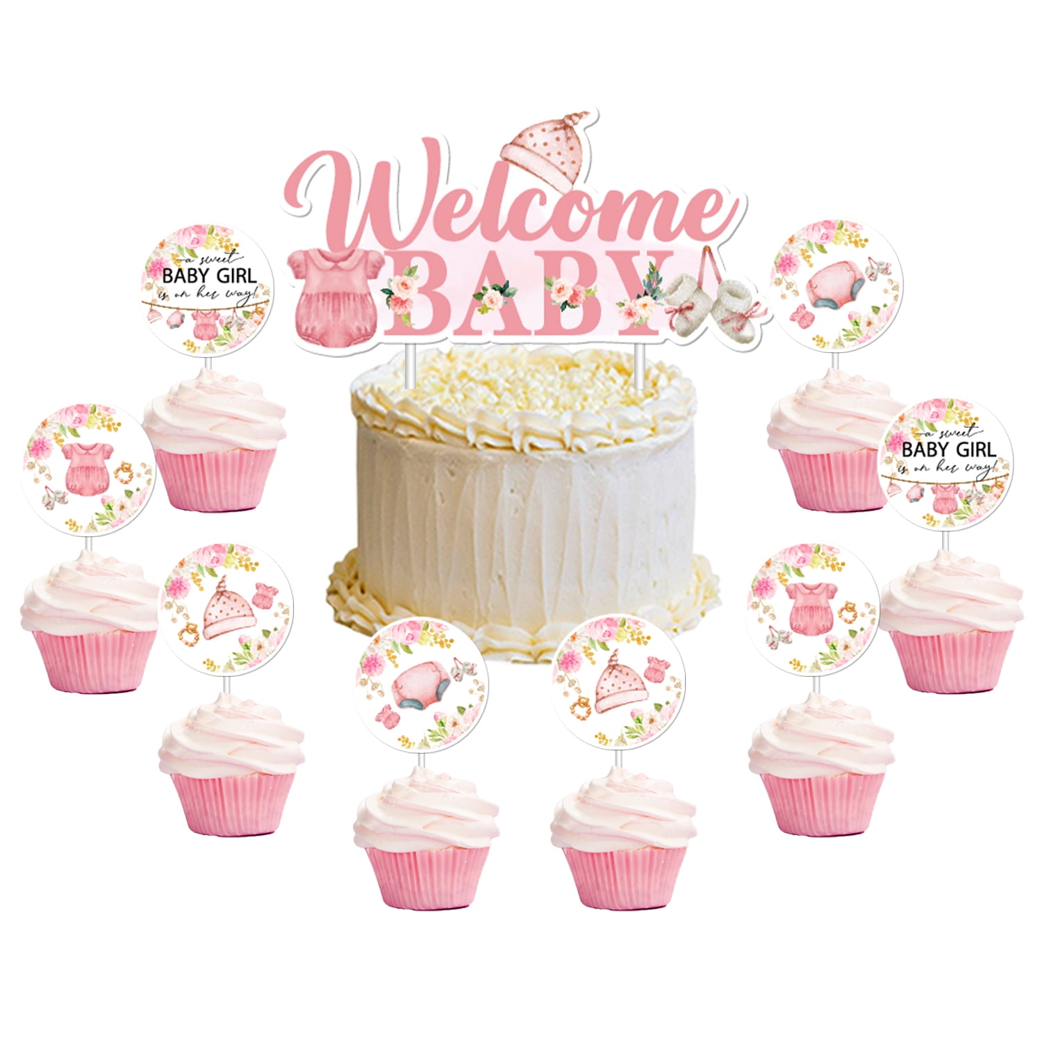 13pcs Pink Floral Baby Shower Cake Toppers Set for Girls, Boho Baby ...