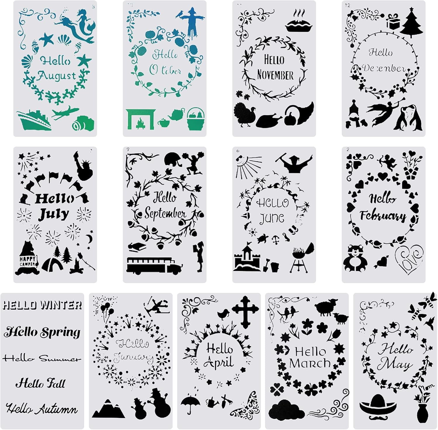 13pcs Plastic Drawing Stencil Months Seasons Theme Reusable Tiles ...